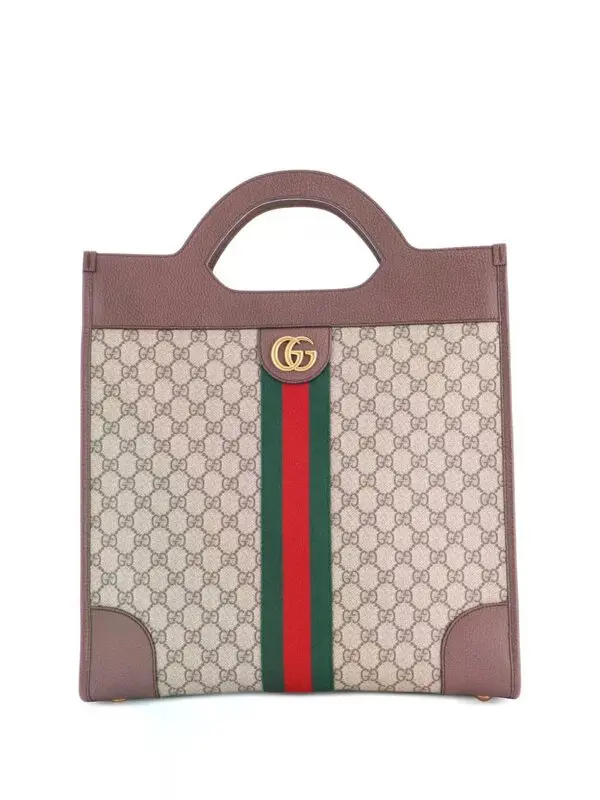 Gucci Ophidia Cut Out Handle Bag Gg Coated Canvas With Leather Large Satchel - Brown
