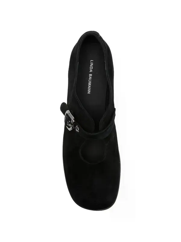 LINDA BAUMANN Suede Buckle Block Heel Pumps