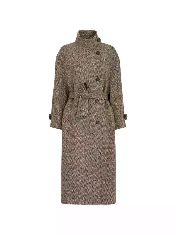Brunello Cucinelli Sparkling Virgin Wool Chevron Belted Coat With Monili - Brown