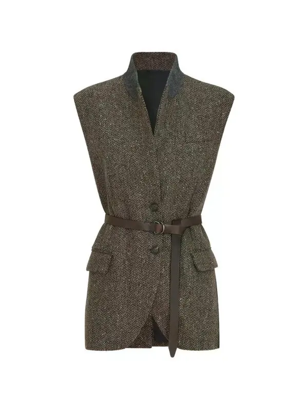 Brunello Cucinelli Sparkling Virgin Wool Chevron Vest With Leather Belt And Monili - Brown
