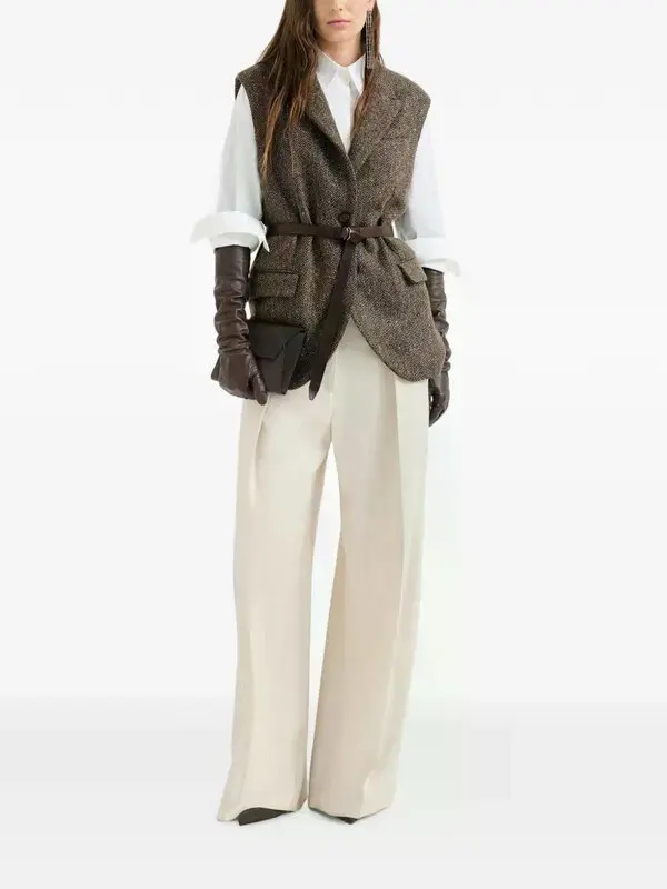 Brunello Cucinelli Virgin Wool Chevron Vest With Leather Belt And Monili