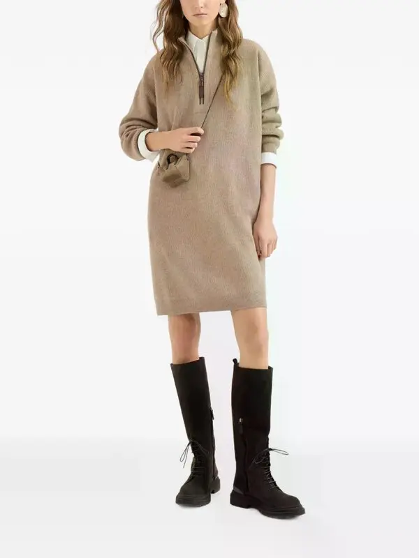 Brunello Cucinelli Virgin Wool, Cashmere And Silk Rib-knit Dress With Precious Half-zip - Neutrals