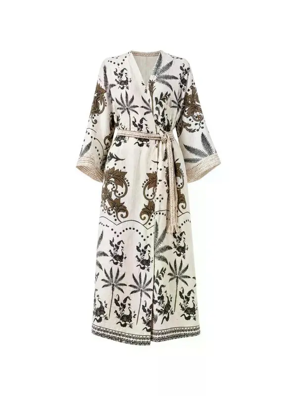 NEMA Botanical-print Wrap Midi Dress - Neutrals