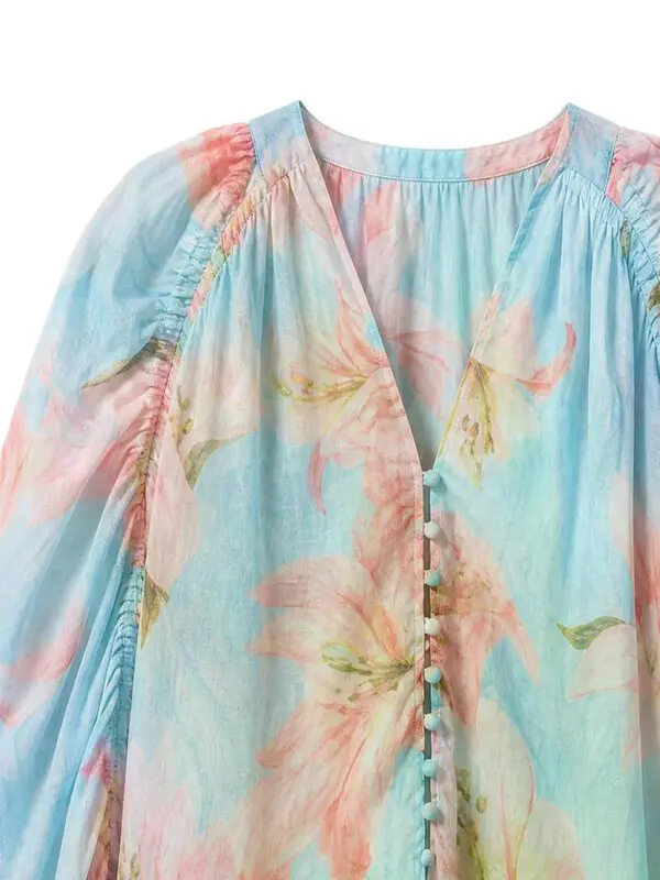NEMA Floral-print Puffed-sleeve Blouse - Blue