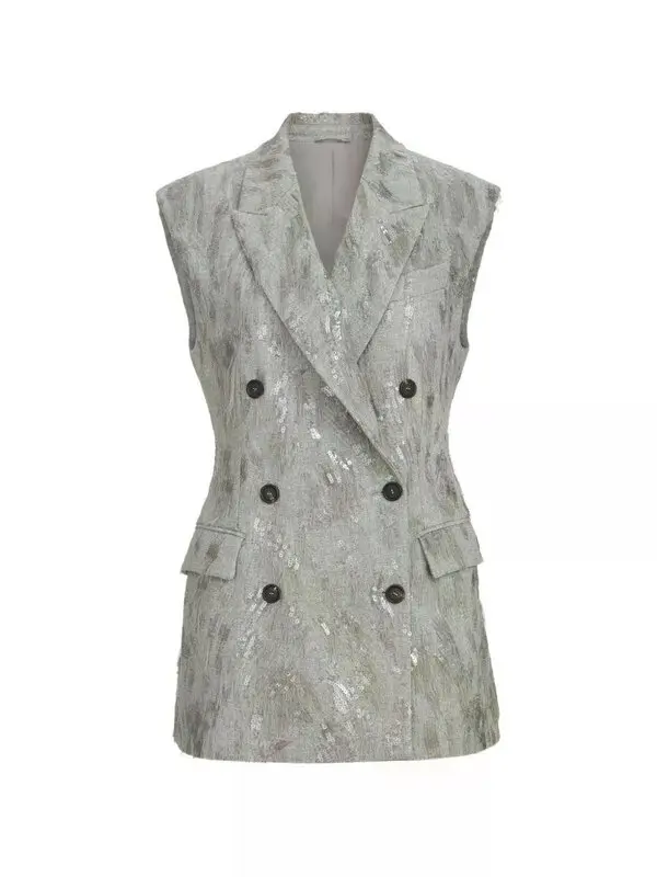 Brunello Cucinelli Virgin Wool And Cashmere Twill Flannel Vest With Dazzling Lynx Embroidery - Grey