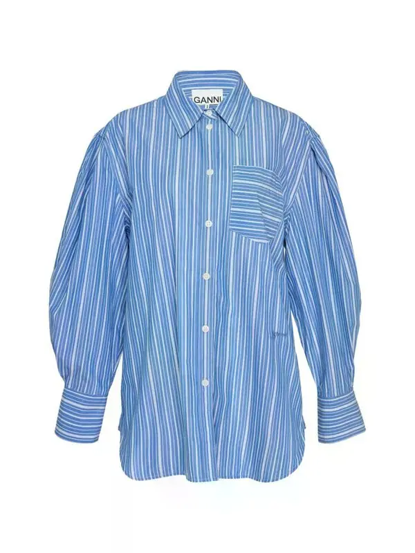 GANNI Stripe-print Pleated-sleeve Shirt - Blue