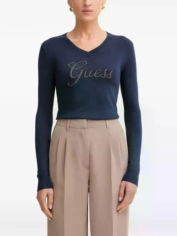 Guess Crystal-embellished Logo-print Sweater - Blue