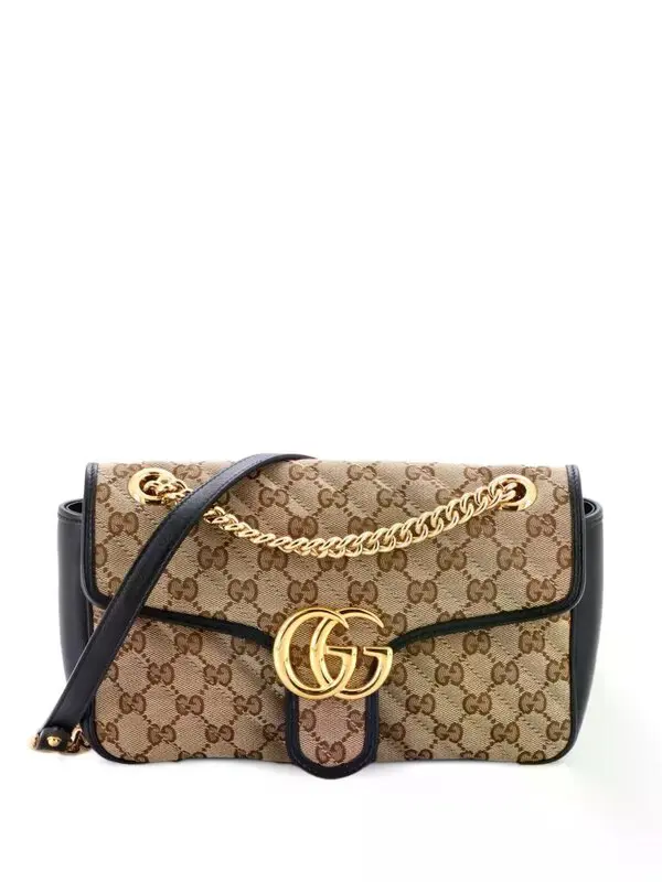 Gucci Gg Marmont Flap Bag Diagonal Quilted Gg Canvas With Leather Small Shoulder Bag - Black