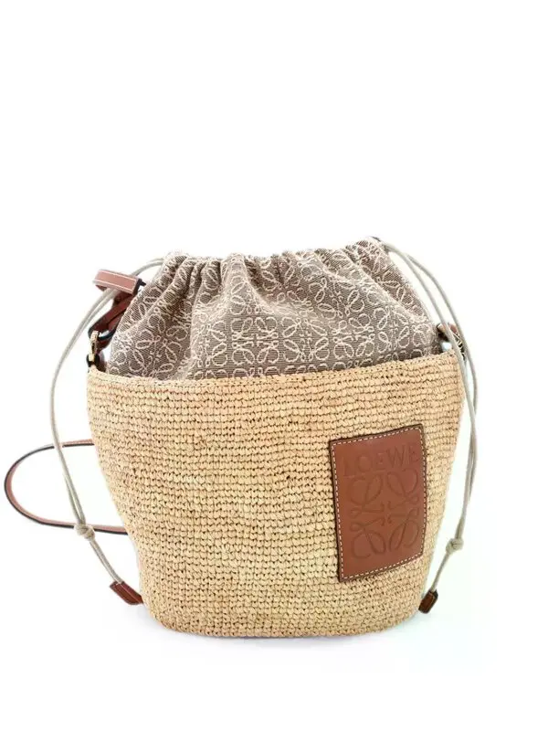 Loewe Pochette Crossbody Bag Woven Raffia And Leather With Anagram Jacquard Bucket Bag - Brown