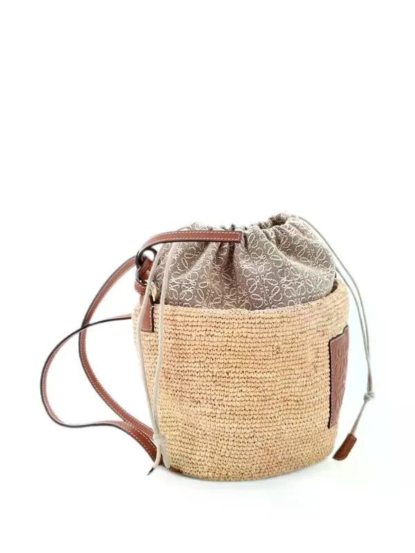 Loewe Pochette Crossbody Bag Woven Raffia And Leather With Anagram Jacquard Bucket Bag - Brown