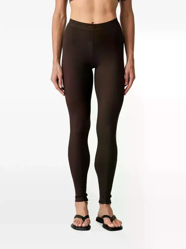 Guess Ribbed-knit Logo-patch Leggings - Brown