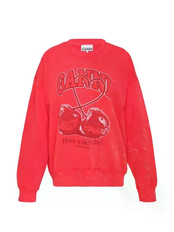 GANNI Cherry-print Acid-wash Sweatshirt - Red