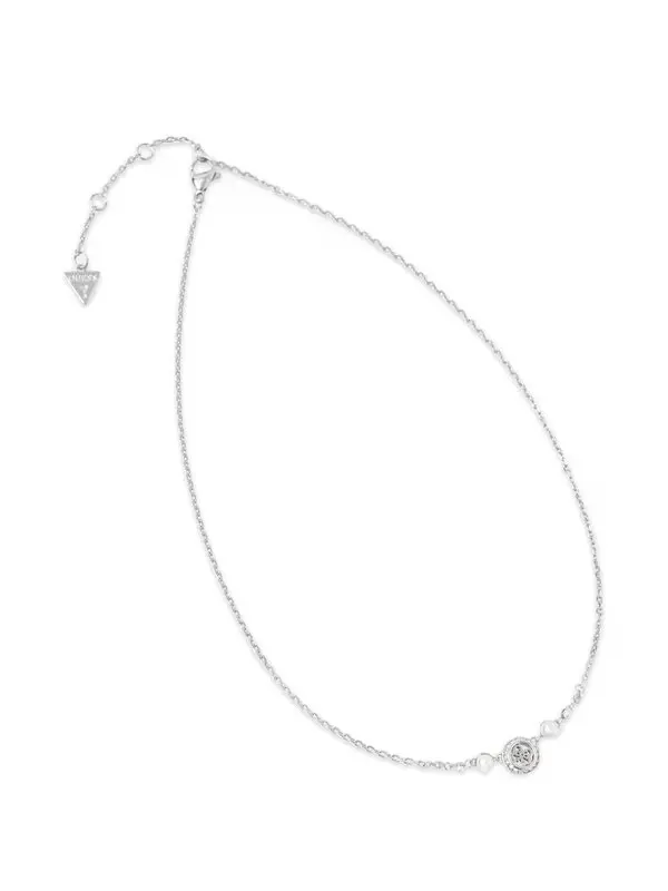 Guess Tiny Faux-pearl Logo-plaque Necklace - Silver