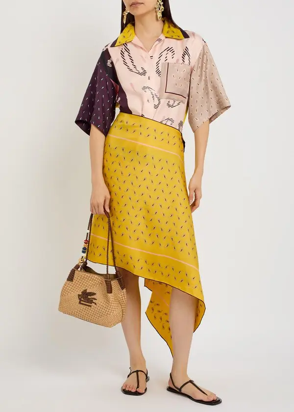 OTZIO Margot Printed Asymmetric Silk Midi Skirt