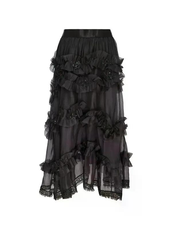 RENLI SU Ruffled-trim Silk Midi Skirt - Black