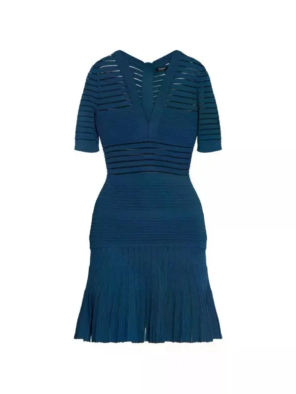 Balmain Ribbed-knit V-neck Mini Dress - Blue