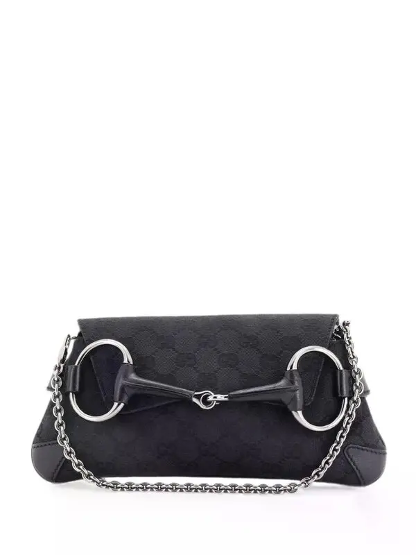 Gucci Horsebit Chain Gg Canvas With Leather Medium Clutch Bag - Black