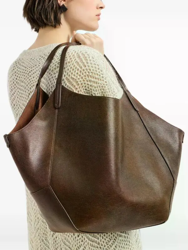 Brunello Cucinelli Reversible Duo Shopper In Lizard-effect Calfskin - Brown