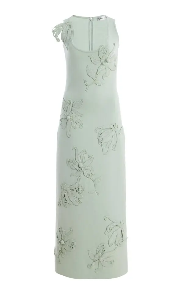 Oscar De La Renta Sleeveless Floral Embroidered Virgin Wool Midi Dress - Light Blue