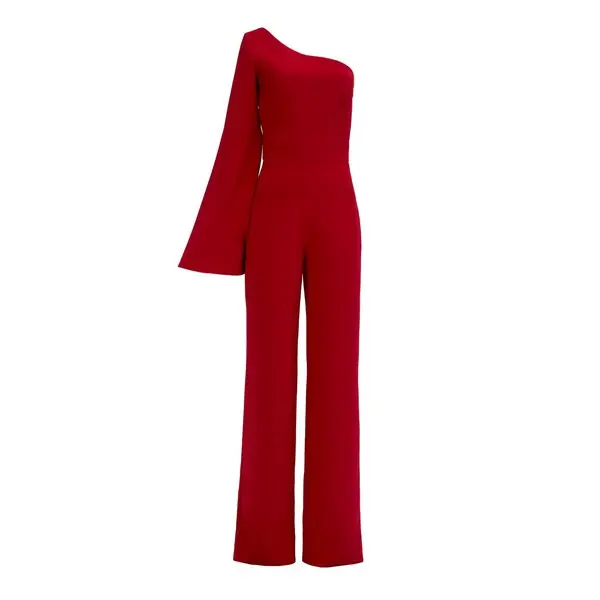 NOMI FAME Sophi Royal Wine One Sleeve Asymmetric Neckline Jumpsuit - Red