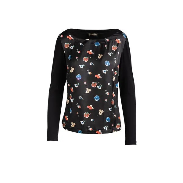 CONQUISTA Poppy Print Long Sleeve Top - Black