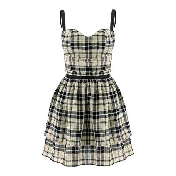 AVENUE N°29 Neutrals Checked Linen Gathered Mini Dress With Straps - Black