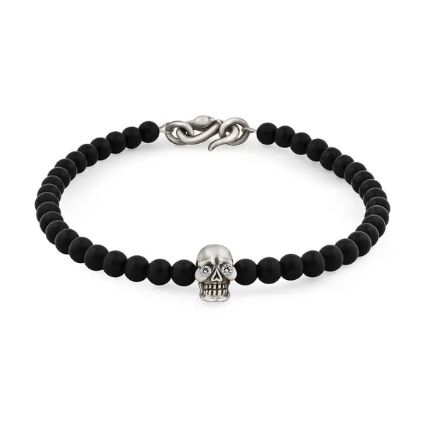 SNAKE BONES Black / Silver Skull Bracelet In Sterling Silver With Diamonds Black Onyx & Snake Clasp - Black/silver