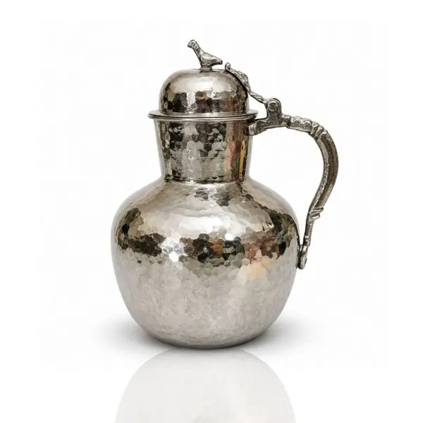 ANATOLIACRAFT Handcrafted Hammered Nickel Water Pitcher With Lid & Ornate Handle - Silver