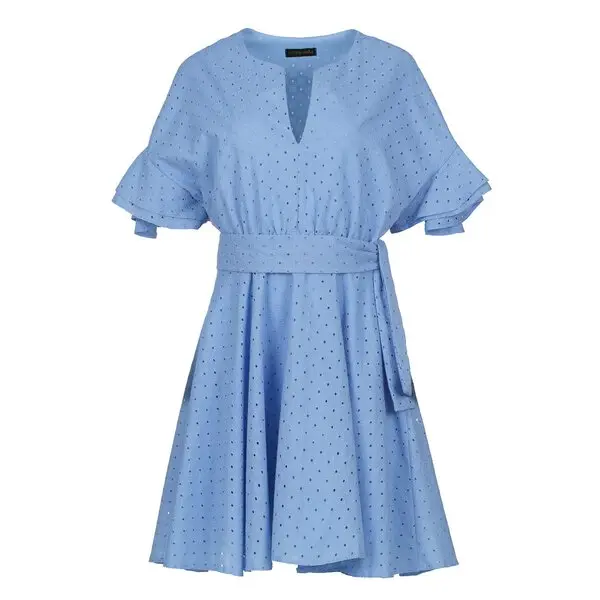 CONQUISTA Sky Embroidered Dress With Ruffle Sleeves - Blue