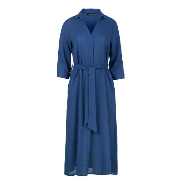 CONQUISTA Linen Style Midi Dress With Belt - Blue