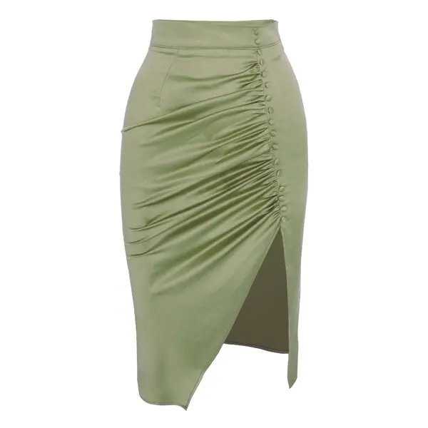 AVENUE N°29 Ruched Side Midi Skirt With Button Detail Kaki - Green