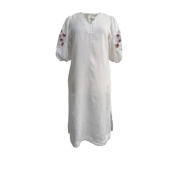 JOSHI V Neck Linen Kaftan Dress - White