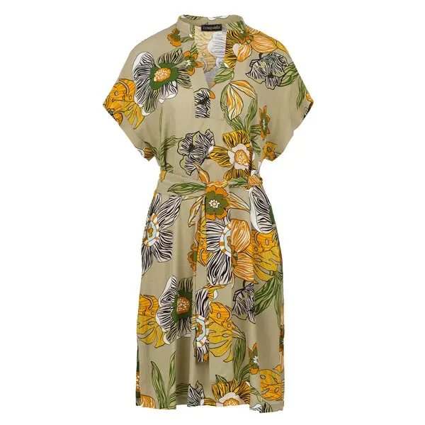 CONQUISTA Linen Style Bold Floral Print Dress With Mandarin Collar - Brown