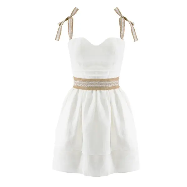 AVENUE N°29 Linen Gathered Mini Dress With Raffia Straps - White