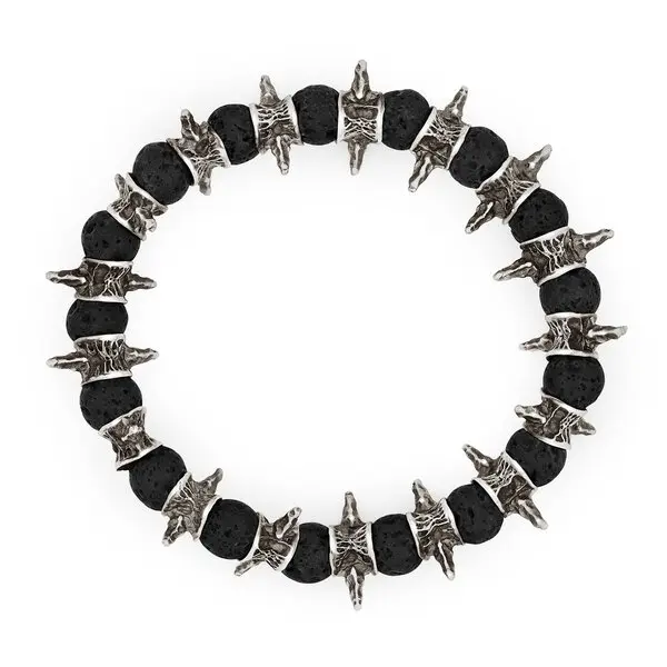 SNAKE BONES Black / Silver Lava Beads Oxidized Sterling Silver Spiky Bracelet - Black/silver