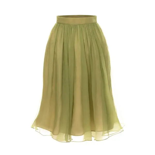 AVENUE N°29 Gathered Silk Midi Skirt Olive