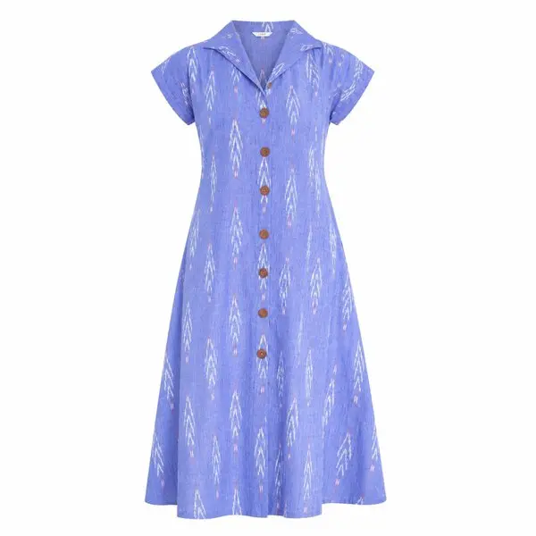HOUSE OF GL Vanya Ikkat Cotton Midi Shirt Dress - Blue
