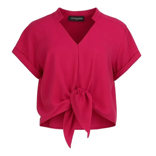 CONQUISTA Tie-front Blouse In Fuchsia – 100% Viscose Voile - Pink