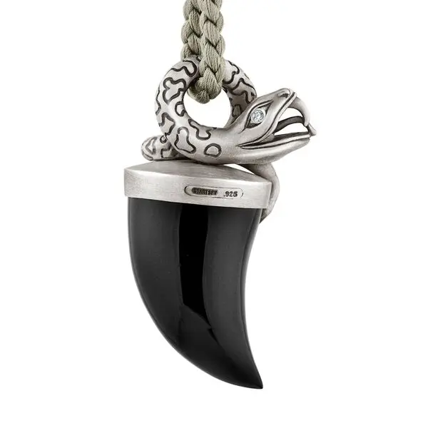 SNAKE BONES Black / Silver Snake Pendant Necklace With Black Onyx Tusk - Black/silver