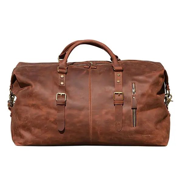 TOURI Zip Detail Genuine Leather Holdall Weekender Light - Brown