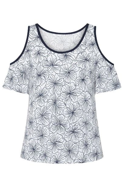 CONQUISTA Floral Cold Shoulder Top - Blue