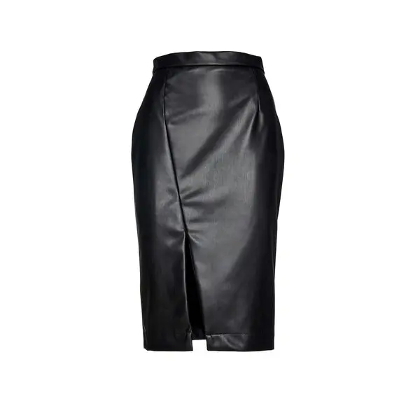 CONQUISTA Faux Leather Pencil Skirt Fashion - Black