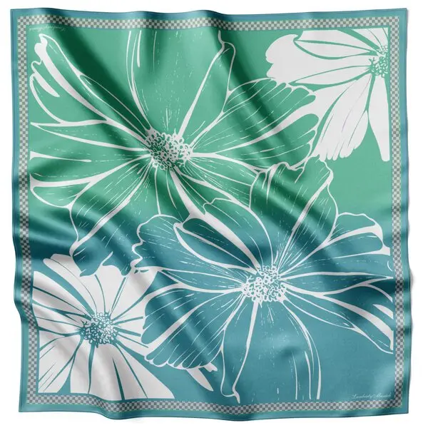 LAMBERTY MUNICH Cosmos Flower Turquoise Ombre Midi Silk Scarf - Green