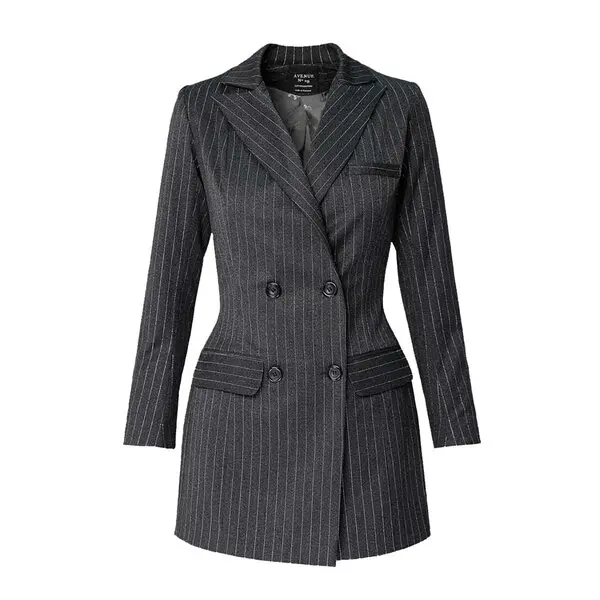 AVENUE N°29 Double Breasted Striped Wool Blazer - Black