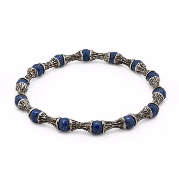 SNAKE BONES Lapis Lazuli Beads Oxidized Sterling Bracelet - Silver