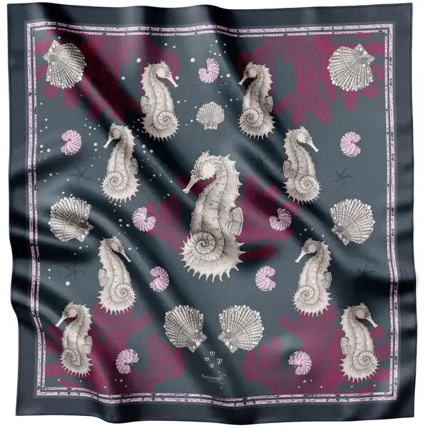 LAMBERTY MUNICH Seahorses And Corals Purple Silk Scarf - Black