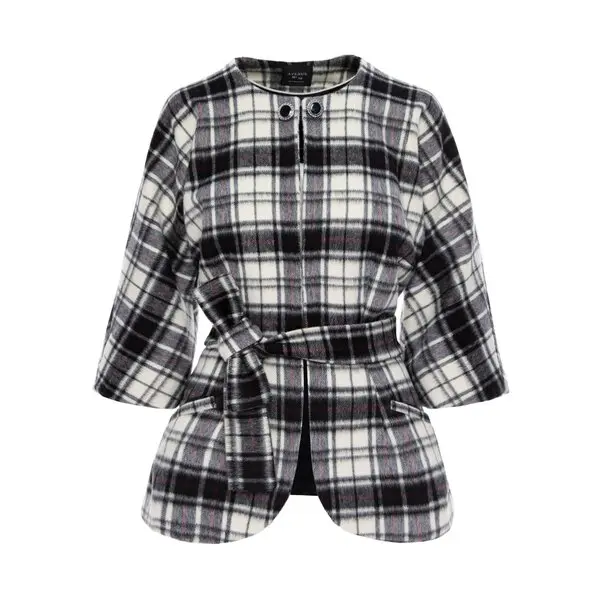 AVENUE N°29 Check Wool Cape With Belt & White - Black