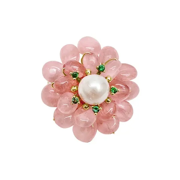 FARRA Flower Shaped Rose Quartz Brooch