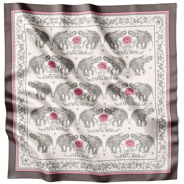 LAMBERTY MUNICH Elephant Odyssey Classic Silk Scarf Neutrals