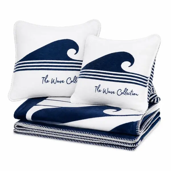 THE CORNISH SURFER Blue / White Wave Collection Blanket & Cushions - Blue/white